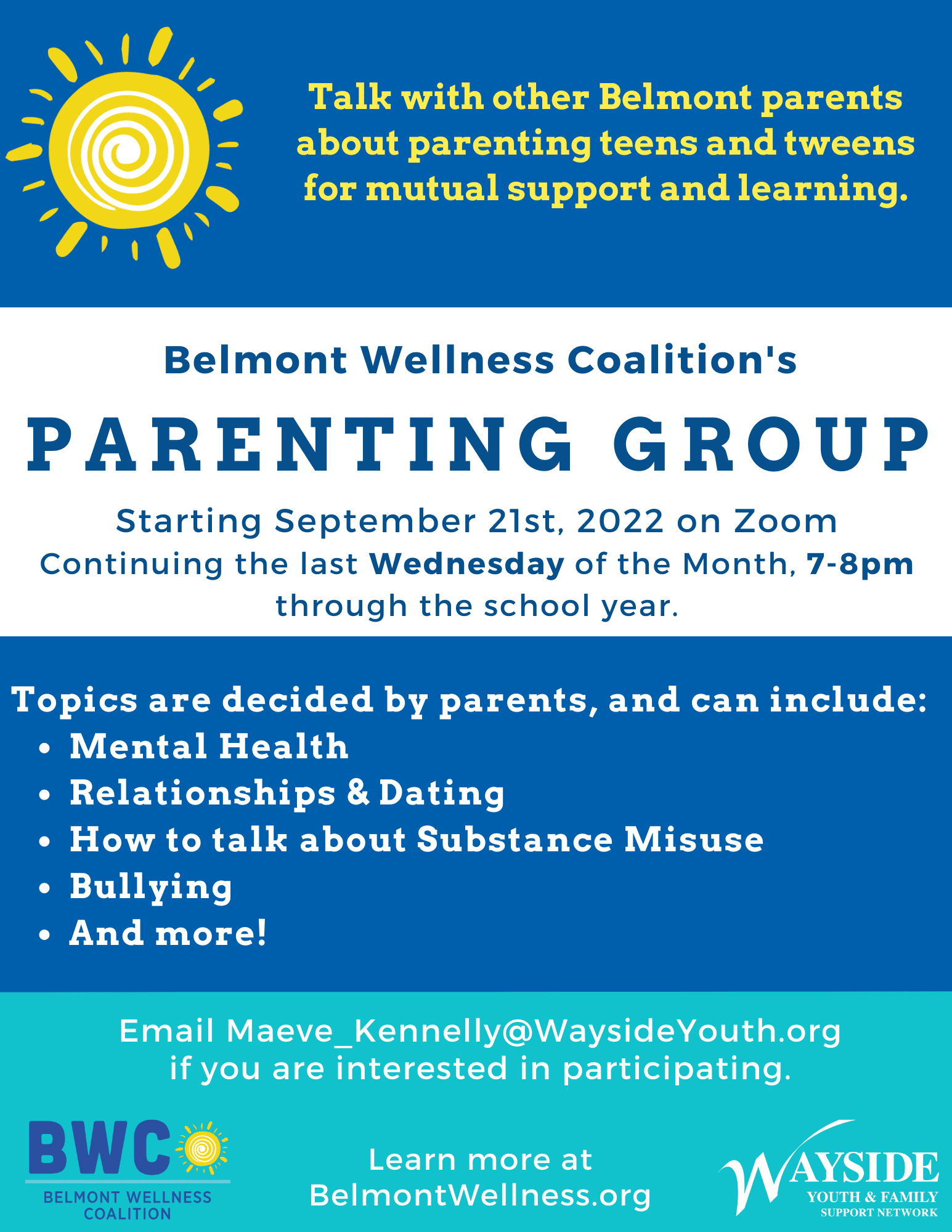 Parenting Group Starting Sep. 21st – Belmont Wellness Coalition
